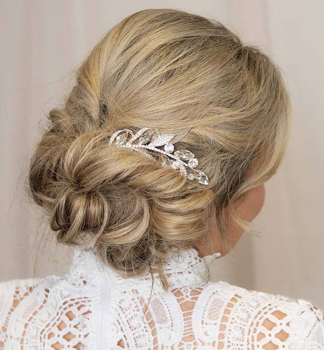 Broche de cheveux bohème argentée feuilles cristal "Angelina"